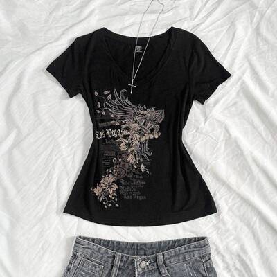 Women's Summer V-Neck Fitted T-Shirt Vintage Cross Flower