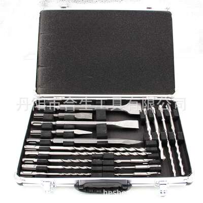 跨境厂家17pcs电锤钻尖凿扁凿铝盒套装 SDS冲击钻墙壁开孔凿眼