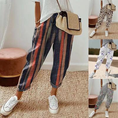 Women's printed cotton and linen craft pocket pants and