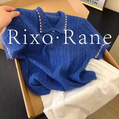 法国Rixo Rane克莱因蓝Polo领正肩冰丝针织短袖t恤女修身上衣潮