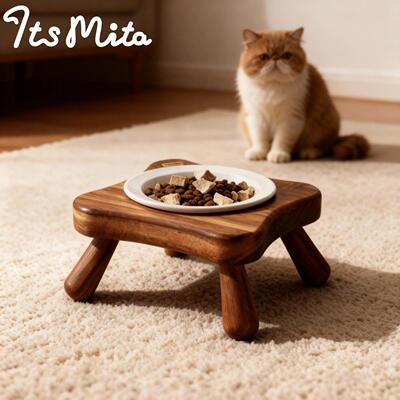 Its Mita实木餐桌猫狗陶瓷碗饭盆防打翻护颈增高木质碗架