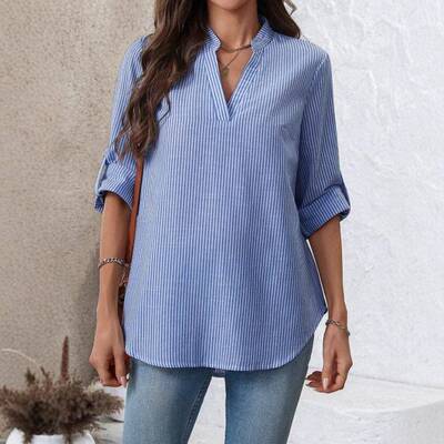 A women's V-neck stand-up collar design sleeve adjustable