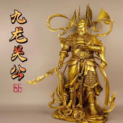 铜令旗关公摆件插旗持刀关羽家居装饰伽蓝飘带托宝关二爷武财神T