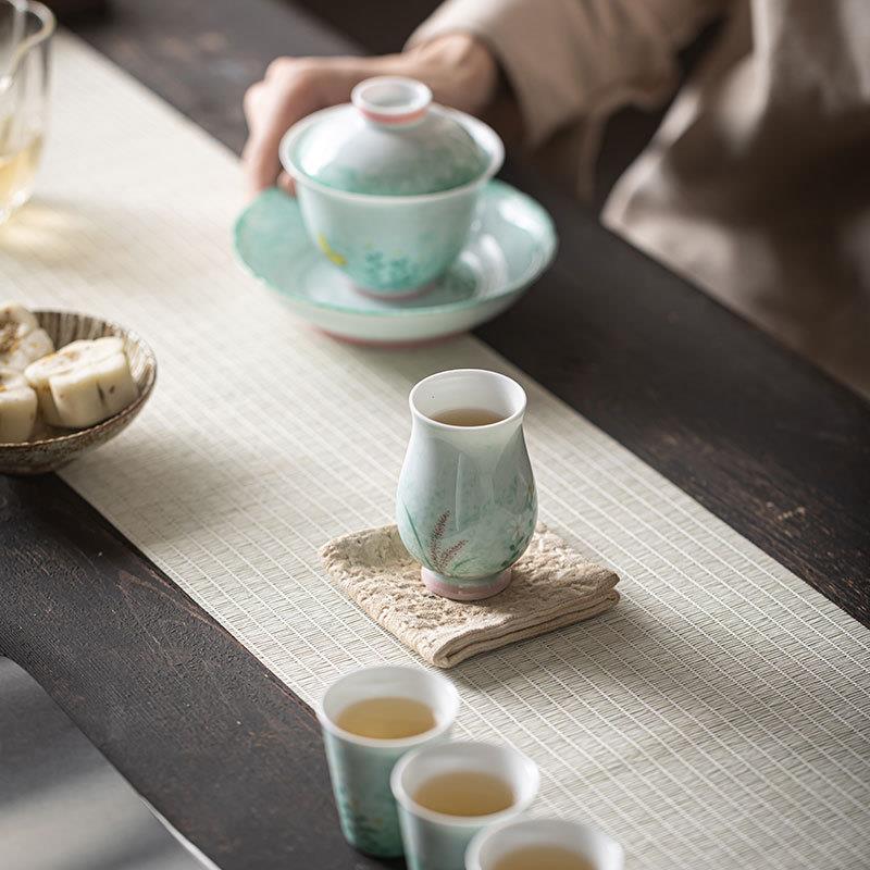 纯手绘芦苇陶瓷釉下彩品茗杯高足茶杯曼妙主人杯家用茶室文人单杯