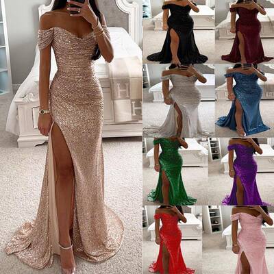 Lor 2025 Party Sequin Off-Shoulder Slit Dress Womenswear
