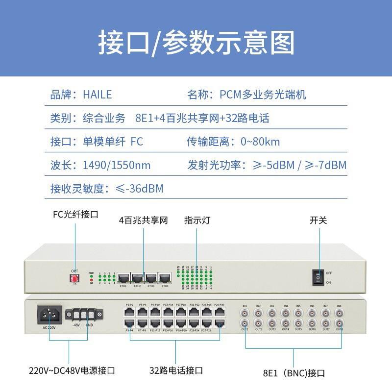 PCM多业务综合光端机 8E1+4百兆共享网+32路电话 单模单纤FC接口