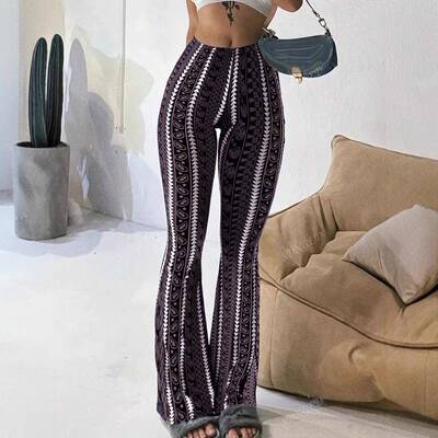 Women's High Waist Flare Pants Black Printed Bell Bottom