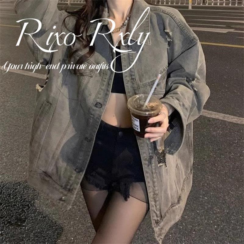 RIXO RXLY美式复古做旧破洞牛仔外套女春秋季小众设计感休闲夹克