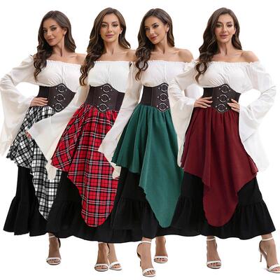 Big swing skirt, red and white grid half skirt, long