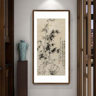 网红新式竹石图国红画挂适用客画玄关装饰厅木框水墨画装中裱