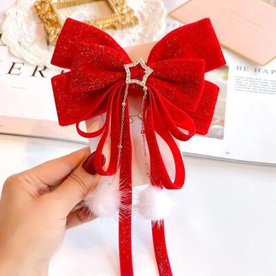 Red Golden Velvet Bow Hair Ornament Baby Hair Circles Pins C