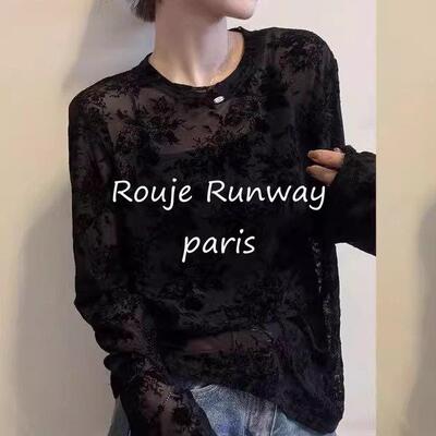 Rouje Runway黑色蕾丝衫女26春秋新款圆领印花百搭内搭打底衫上衣