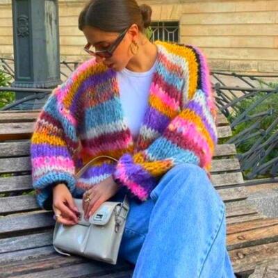 Striped long sleeved rainbow grid heavy handmade cardigan