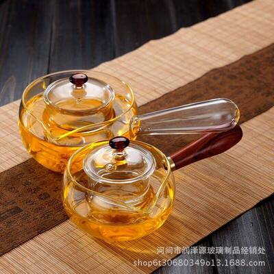 侧把煮茶壶木把小清柑泡茶器 高硼硅玻璃茶具直觉壶 玻璃茶壶