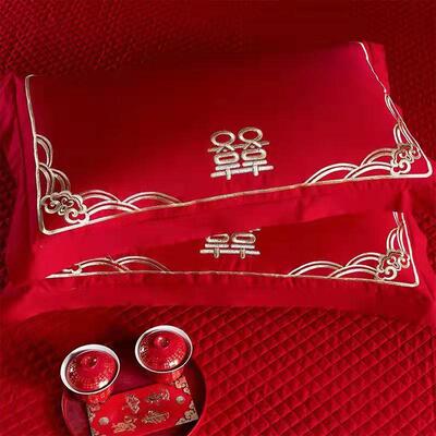 高档纯棉刺绣枕一对装中式结棉婚喜套庆大红色枕YPB头套喜字全枕