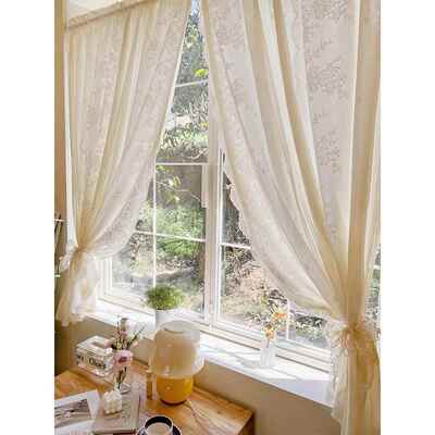 法式轻奢双层纱帘奶油VYA窗古帘复蕾丝绣欧式透光不透人刺卧色室