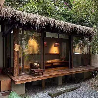 宿外庭院网红草F9778TH6木屋茶室别墅民防腐木户农家乐室外造景小