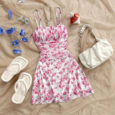 Summer Women's Dress  Blue and Floral Mesh Off-Shoulder