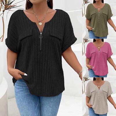 Large size top zipper short sleeved fake pocket pullover