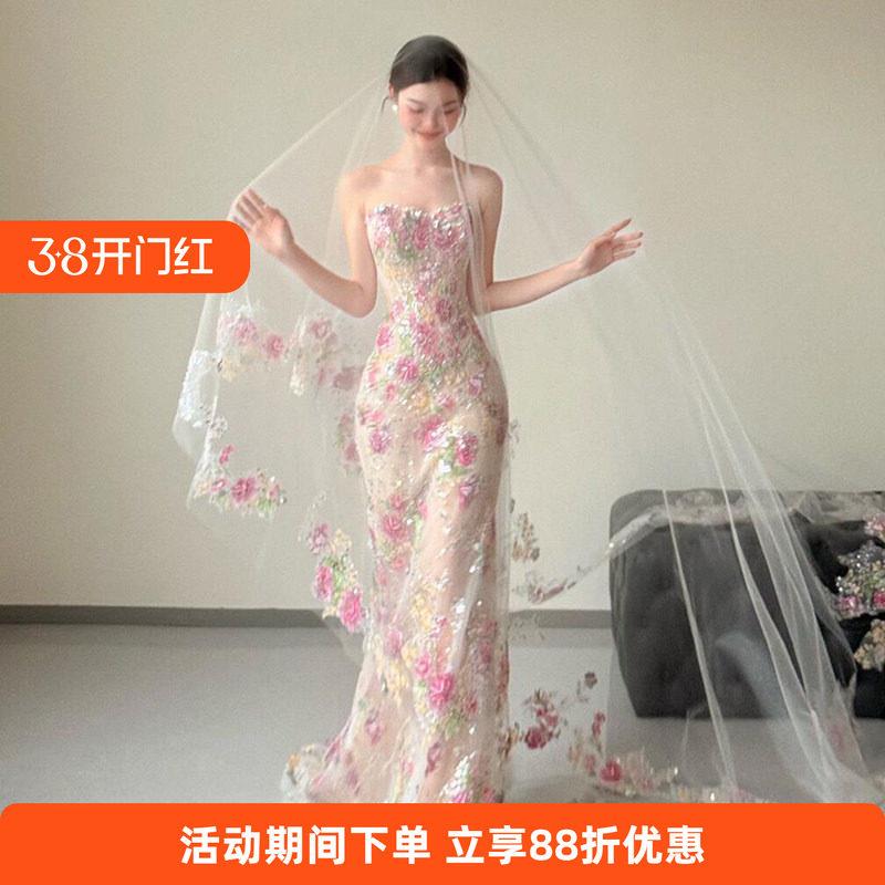 晨袍女新娘抹胸高端超仙花朵亮片鱼尾连衣裙气质轻奢名媛订婚礼服