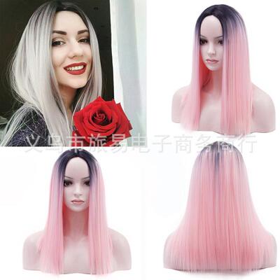 新款直销欧美假发热销头套中分长直发t色染色浅粉色女化纤假发wig