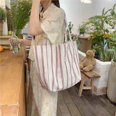 棉韩版潮条包XFX纹托特包大容量麻帆布春流夏休闲单肩包