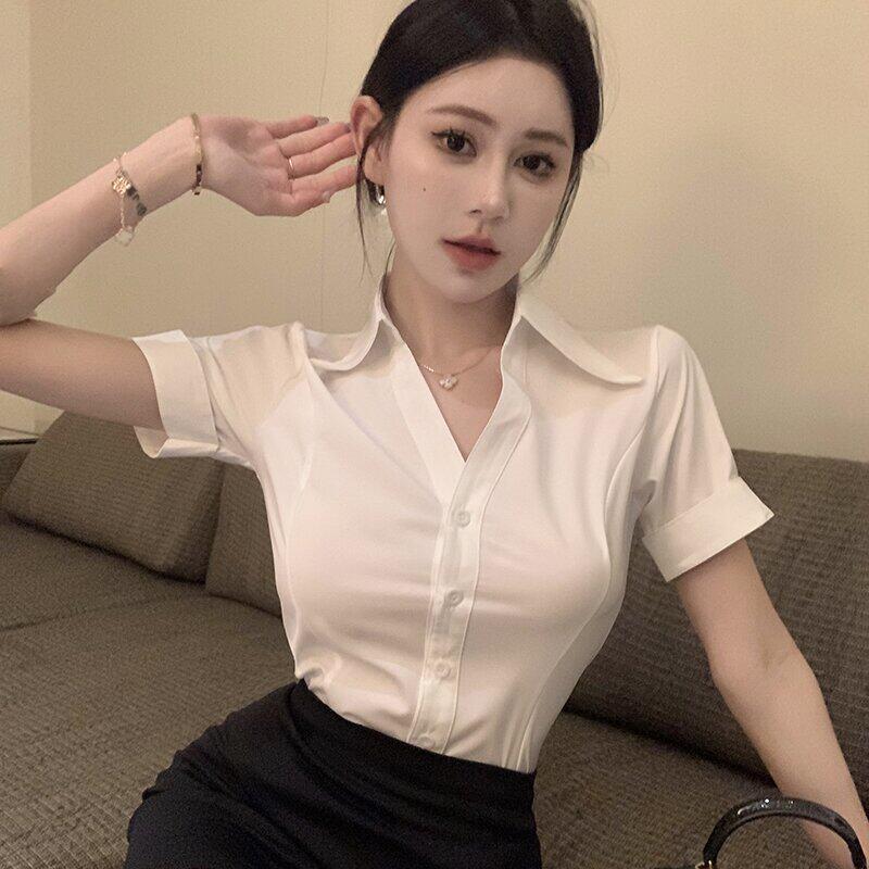 气质V领职业衬衫制服套装女夏季修身白色短袖衬衣酒店前台工作服