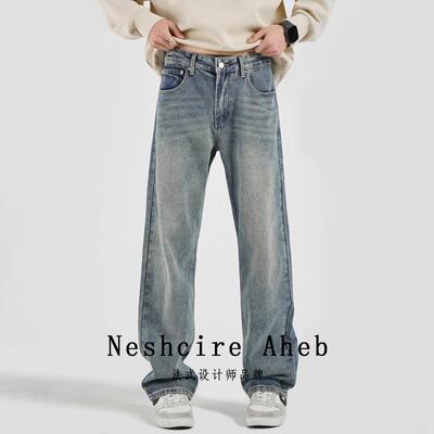 Neshcire Aheb夏季牛仔裤新款复古水洗猫须男款宽松直筒微喇长裤