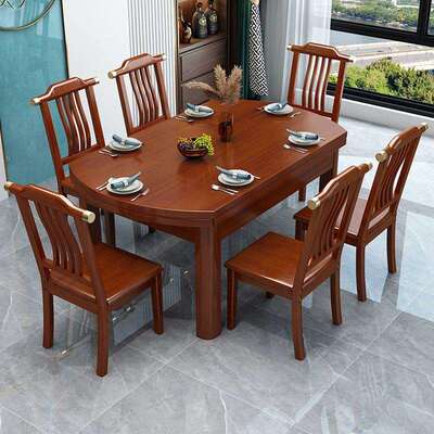 中式实木餐子桌椅组合伸缩折叠全可圆变桌小户型吃饭桌QFM圆形餐