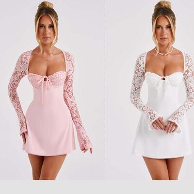 Women Mini Dress Long Sleeve Backless Lowcut Tieup Lace