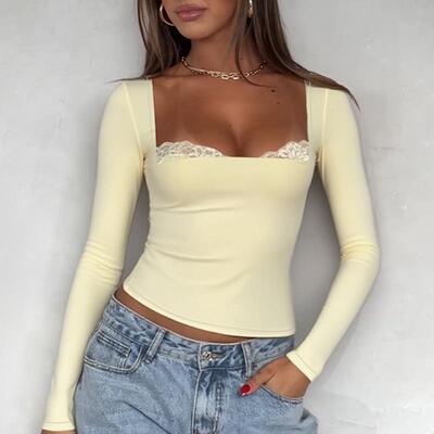 Women's Lace Trim Long Sleeve Top Elegant Casual Blouse