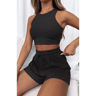 Women Two Piece Short Pants Set Crop Top Two Piece Solid Sho