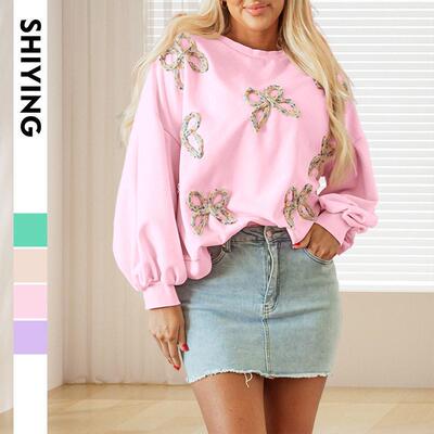 Pink Embroidered Bow Lantern Sleeve Oversized Pullover Women