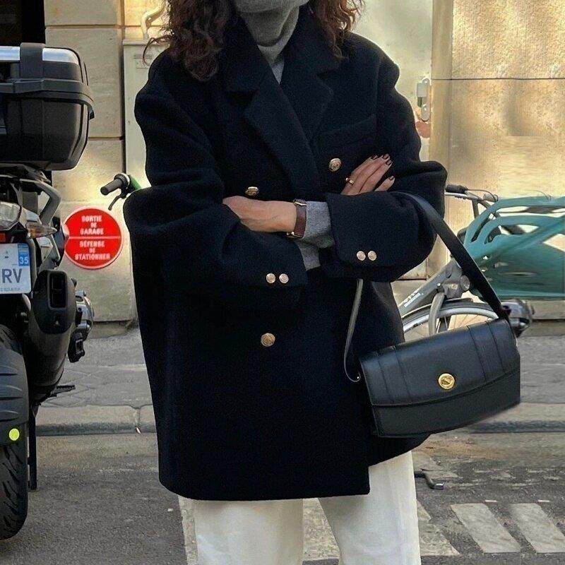 WFYO/韩版chic黑色双排扣羊毛呢西装外套女宽松休闲高级感呢大衣