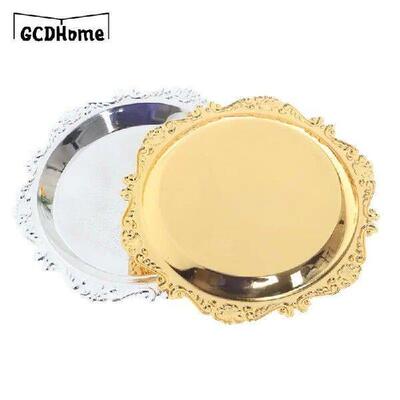 Silver Golden Metal Tray Glossy Plate Ornaments Buffet