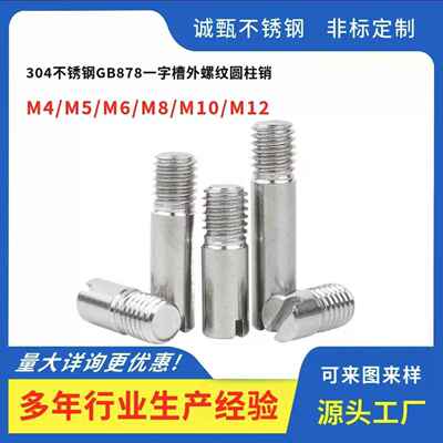 304不锈钢一字槽外螺纹圆柱销GB878开槽无头螺钉倒角定位销M3-M10