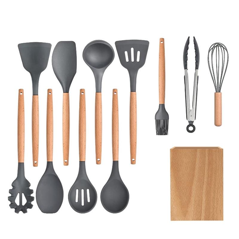 硅胶厨具11件套套装木柄烹饪勺铲木厨具桶厨房用具钞菜锅铲汤勺
