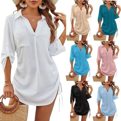 Zia Women's V Neck Drawstring Swimsuit Coverup Chic Beach