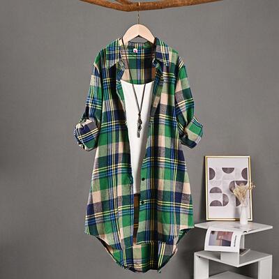 Women's Plaid Print Long Sleeve Shirt, Fitted
