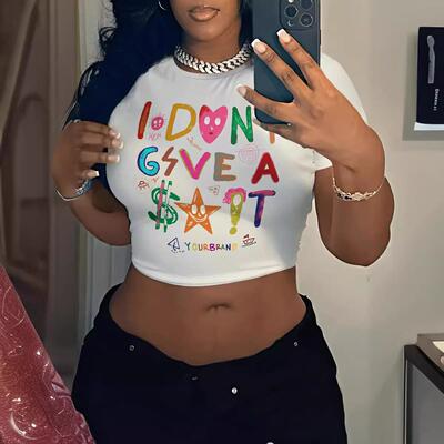 Women Cartoon Letter Print Round Neck Fitted Crop Tee Casual