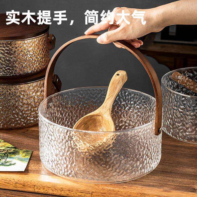 玻璃冰果桶手提水果篮冰桶圆形提篮快乐果盘水果盆茶桶容器