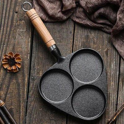 Cast Iron Burger Skillet with Wooden Handle 3 Holes Egg