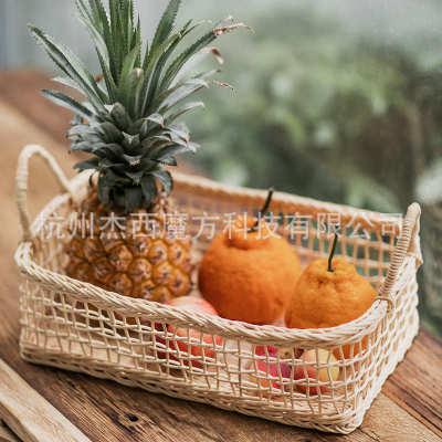 印尼白藤手工编织镂空长方形带耳收纳筐鸡蛋蔬菜水果篮杂物收纳盒