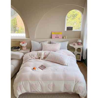 正品上小女清新秋冬加厚牛奶绒四件套少心爱心被套双面珊瑚绒季床