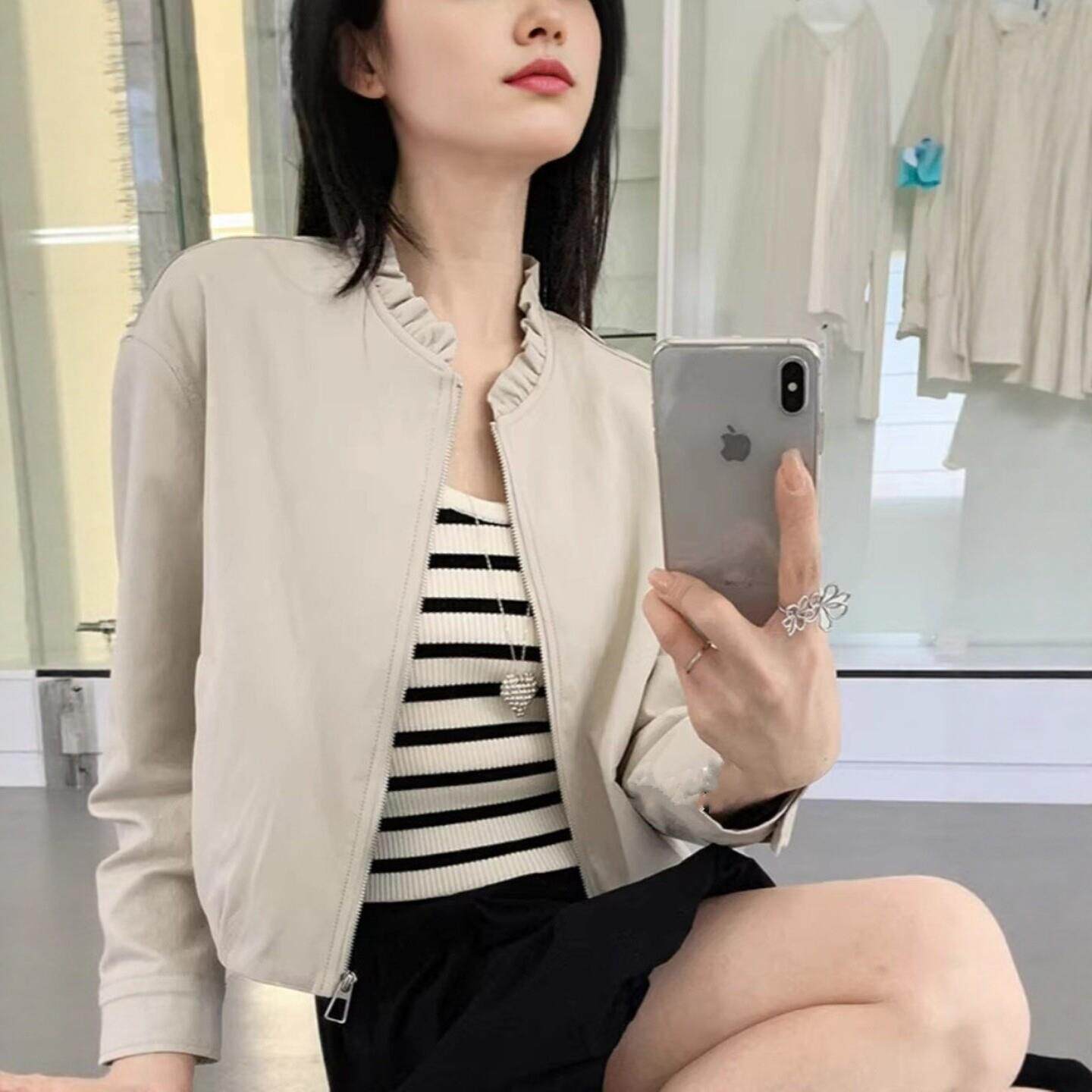 蛋白皮纯色超软美式外套女2026春小个子复古短款机车立领夹克上衣