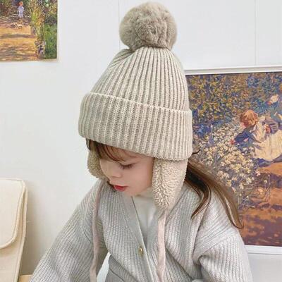 2-8T Baby Hat Big Pompom Beanie with Earflap Wool Plush Chil