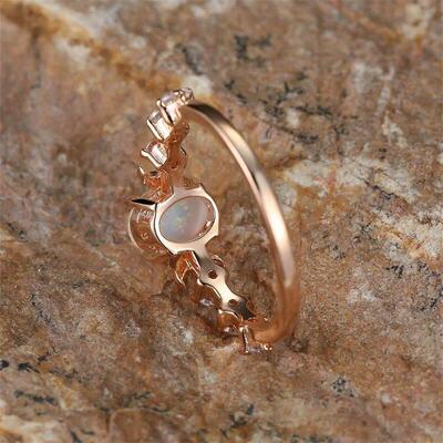 Rainbow White Fire Opal Ring Silver Rose Gold Color Small Mo