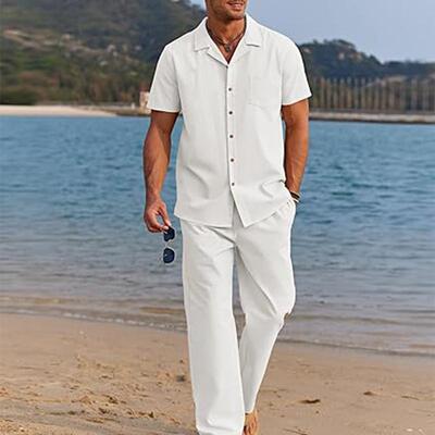 Men 2 Beach Outfit Sleeve Button Up Shirt Below Ankle