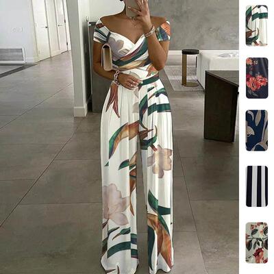 Women's Floral Print Ring-Linked Asymmetrical Neck Jumpsuit