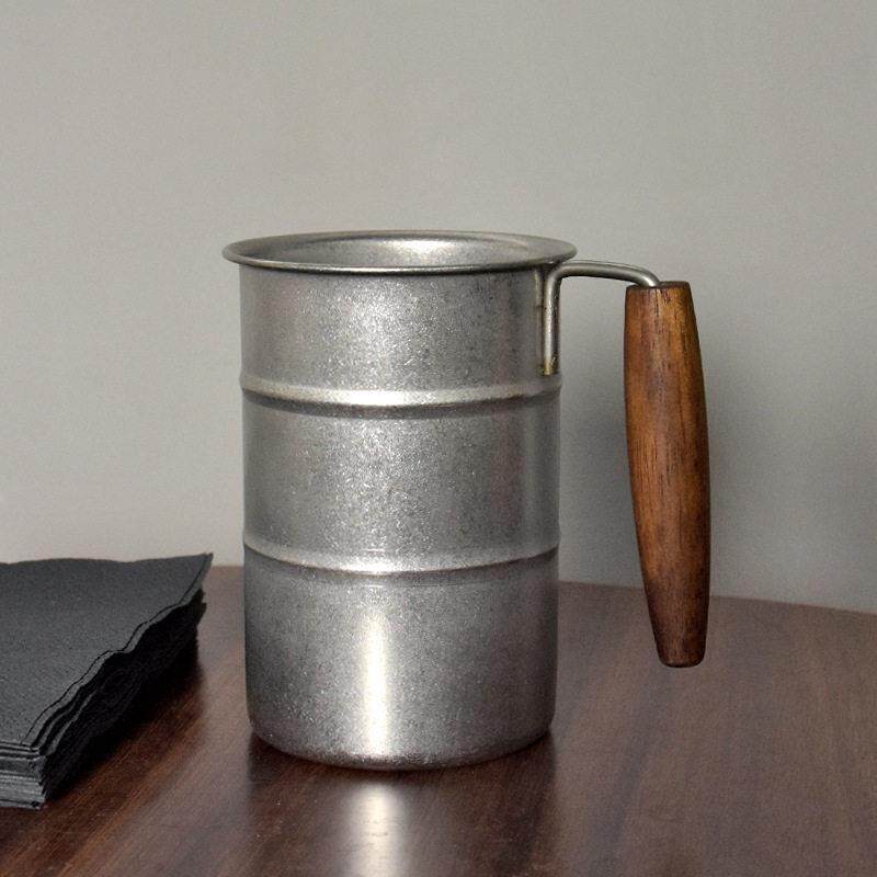 日式不锈钢复古啤酒杯 野营木柄带把手露营水杯礼盒装